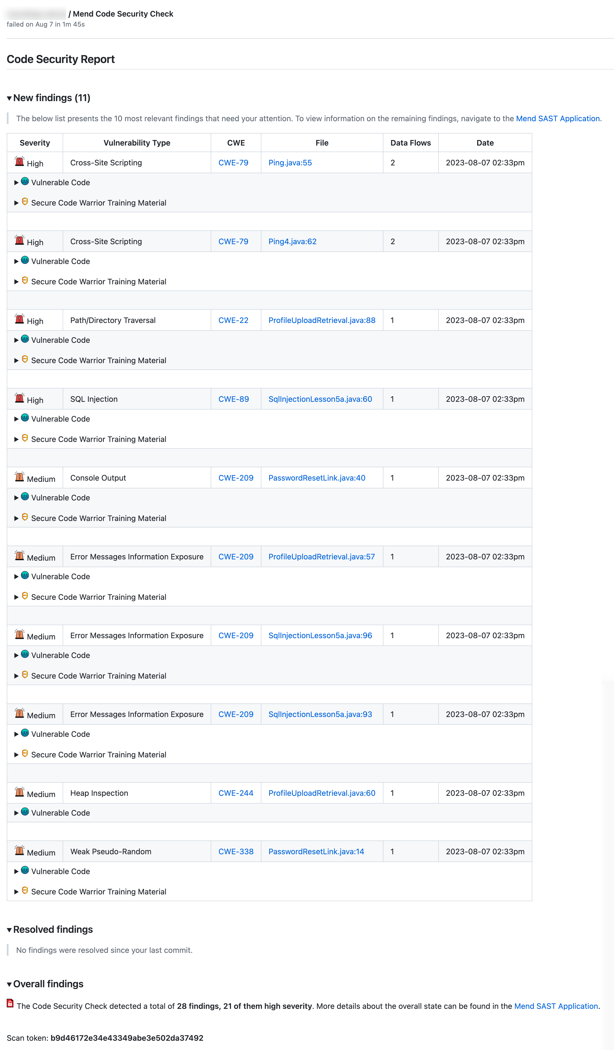 View the results of your Mend for GitHub.com SAST scan