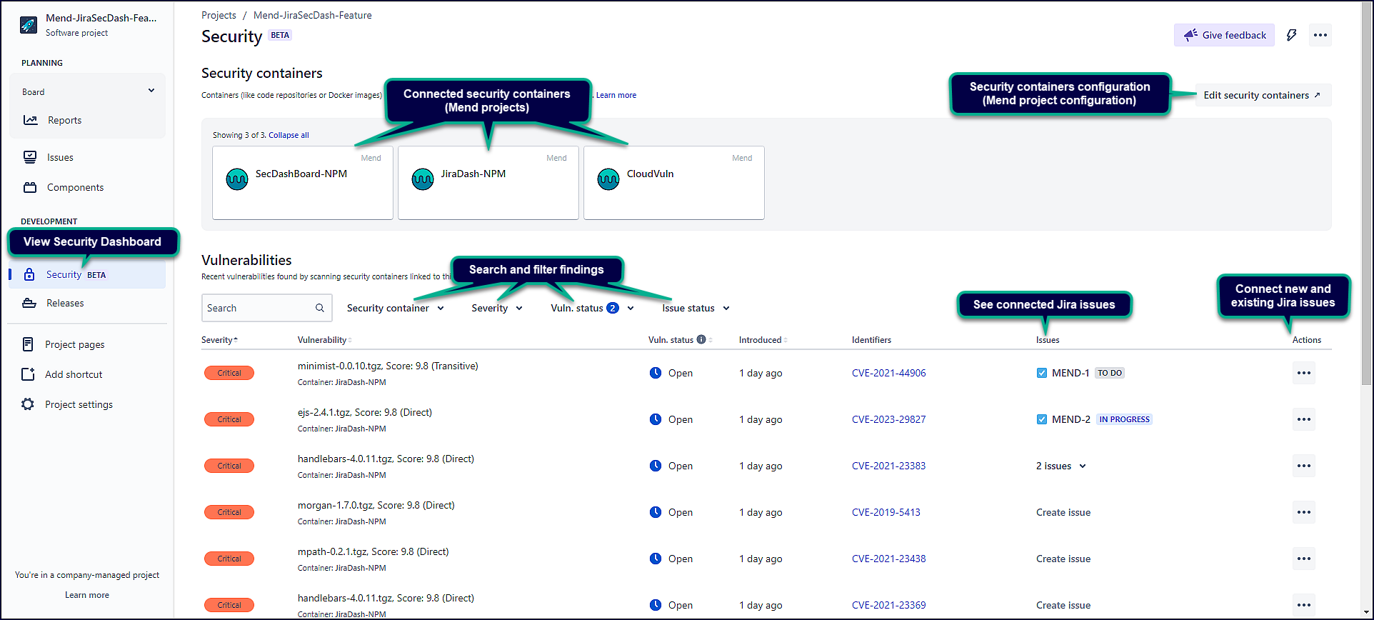 Manage your findings in the Jira Security Dashboard