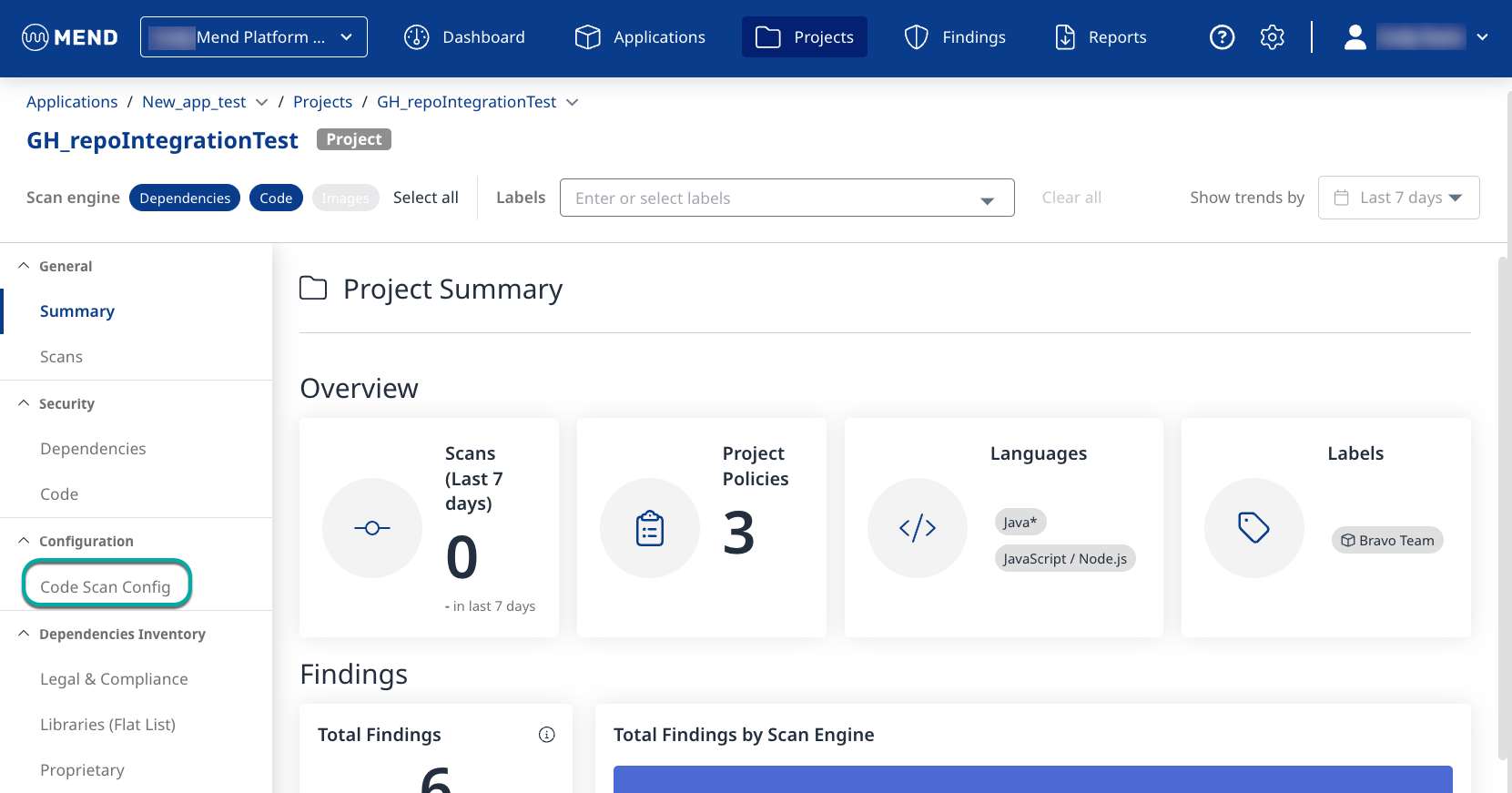 Create Code Scan Configurations per Project