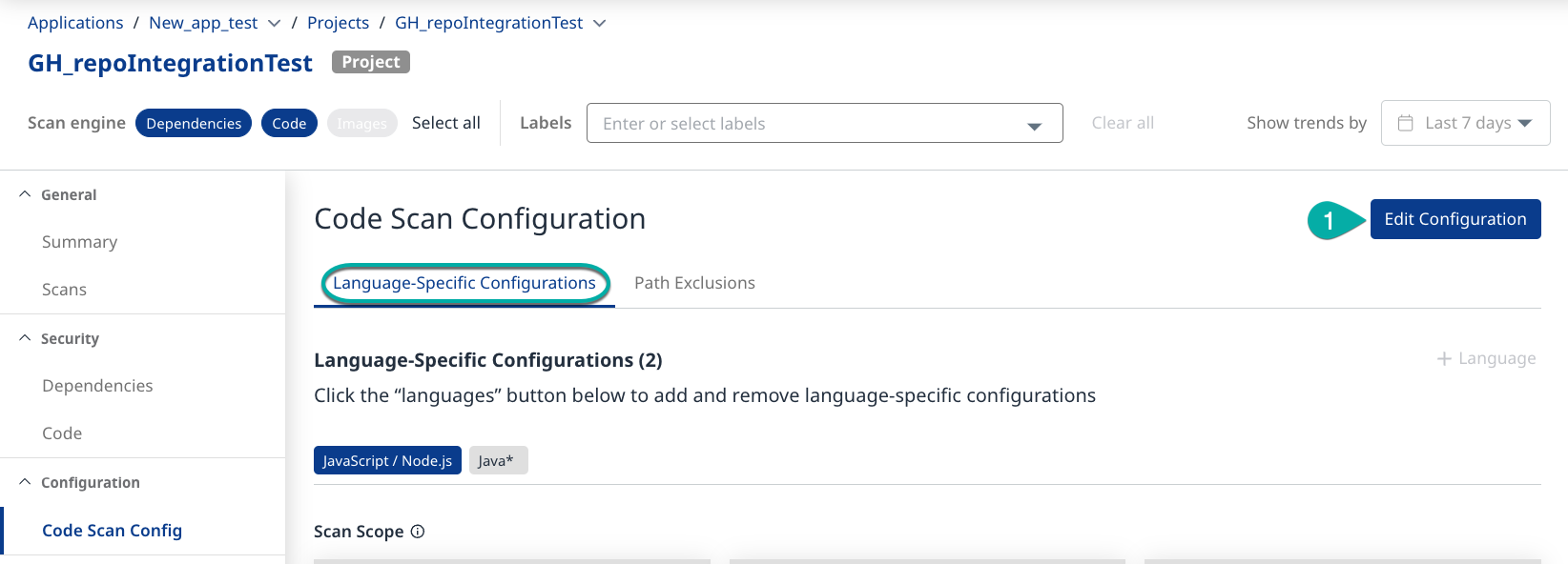 Create Code Scan Configurations per Project