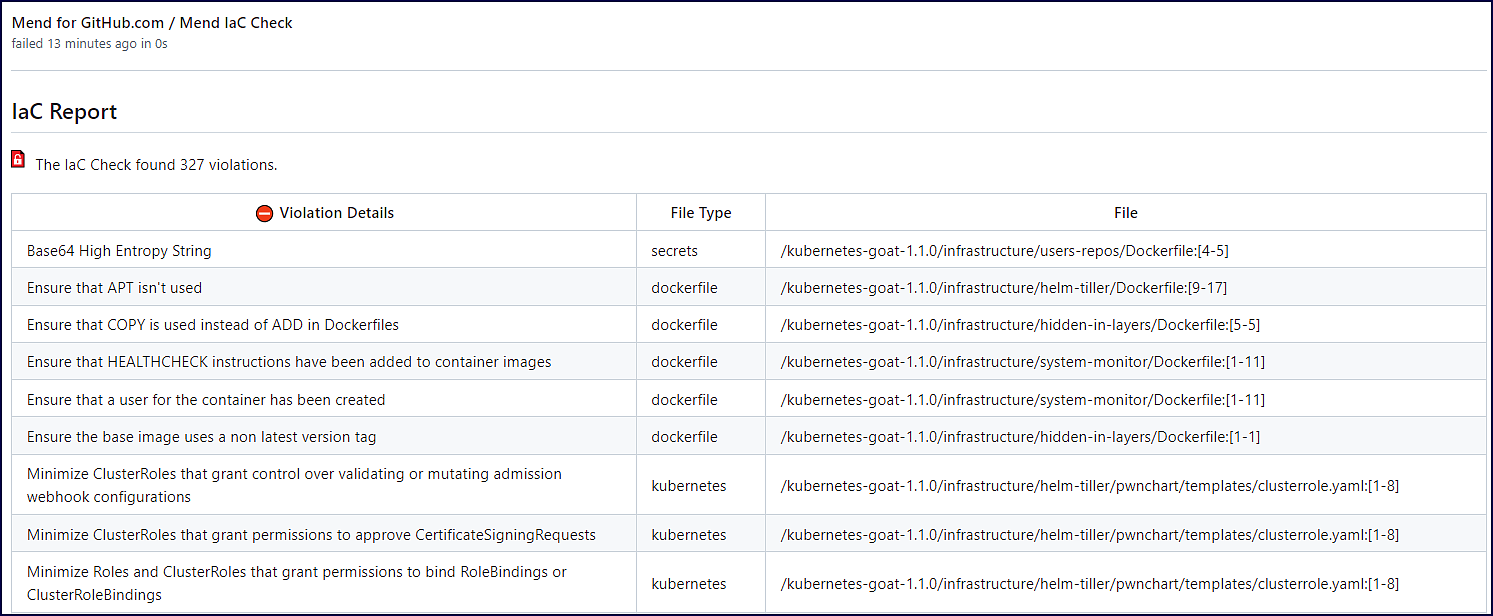 View the results of your Mend for GitHub.com IaC scan